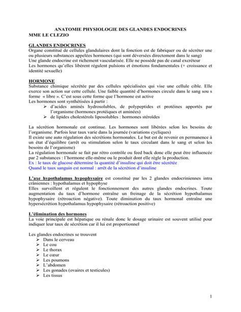 Anatomie Physiologie Des Glandes Endocrines