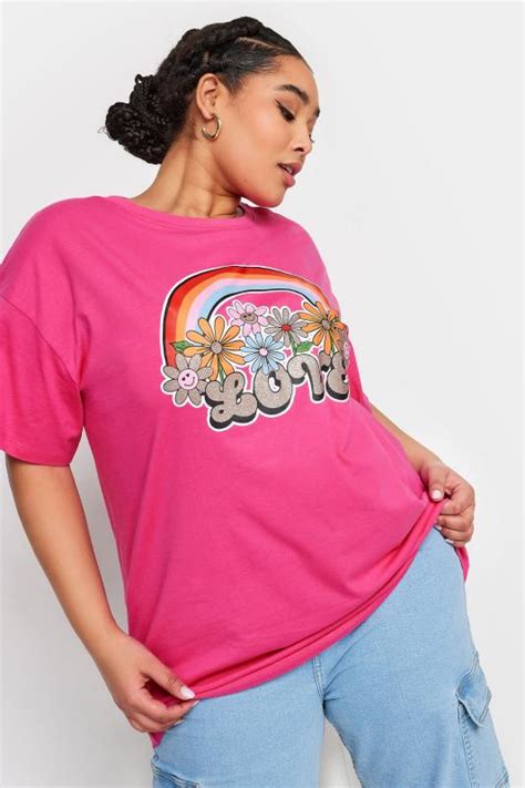 Yours Plus Size Pink Rainbow Print Love Slogan Oversized T Shirt