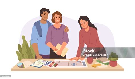 인테리어 디자이너는 고객과 함께 작업하며 커플을 위한 집 프로젝트를 만듭니다 가정의 개념과 색상 선택 플랫 만화 캐릭터 플랫 스타일의 벡터 인테리어 디자이너에 대한 스톡