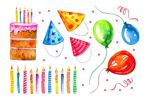 양식된 생일 요소의 집합입니다 Hand 그려진된 만화 초 케이크 풍선 그리고 파티 모자 수채화 스케치 그림 수채화에 대한 스톡