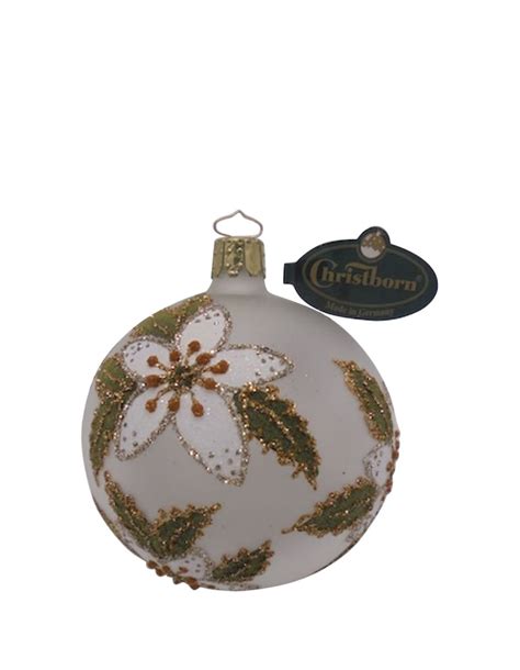 Christborn 8cm Hand Decorated White Pointsettia On Clear Glass Bauble