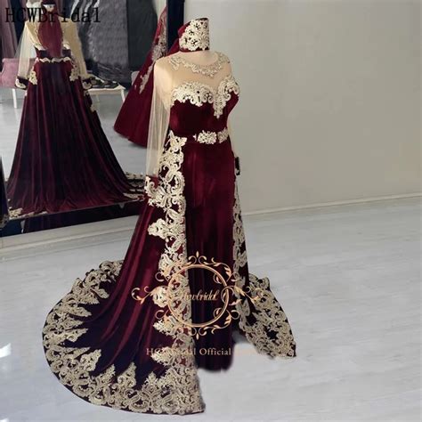 버건디 모로코 Kaftan 이브닝 드레스 긴 소매 분리형 벨벳 터키 여성 댄스 파티 가운 레이스 포멀 파티 가운 이브닝