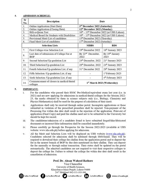 UHS MBBS BDS Admissions 2025 Schedule
