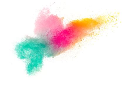 흰색 배경에 추상적인 여러 가지 빛깔의 분말 폭발 먼지 입자가 튀는 컬러 모션을 동결합니다 페인티드 홀리 0명에 대한 스톡 사진