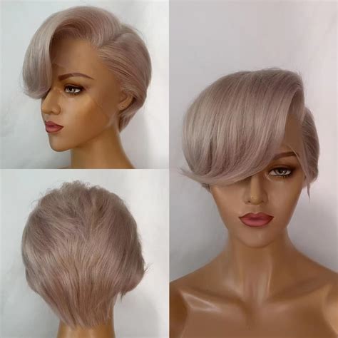 Short Gray Straight Pixie Cut Lace Wig Human Hair For African American
