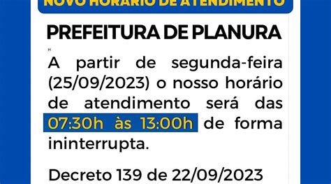 AtenÇÃo Ao Novo HorÁrio De Atendimento Da Prefeitura De Planura
