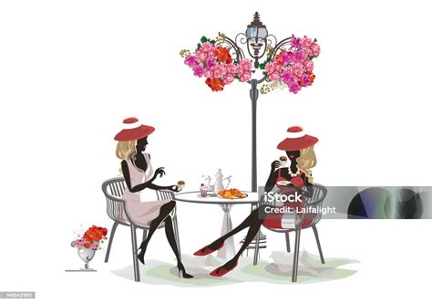 레스토랑에서 패션 사람들 구시 가지의 거리 카페 복고풍 창 근처 테이블에서 커피를 마시는 여자 런던 잉글랜드에 대한 스톡 벡터