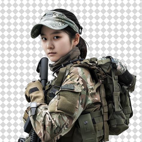 A Woman In A Military Uniform With A Gun On Her Shoulder Premium AI