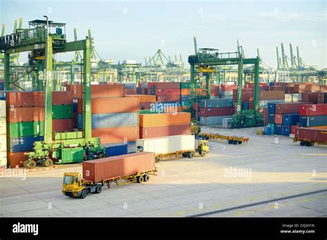 Container Terminal At Dusk With Automated Guided Vehicles And Stacked