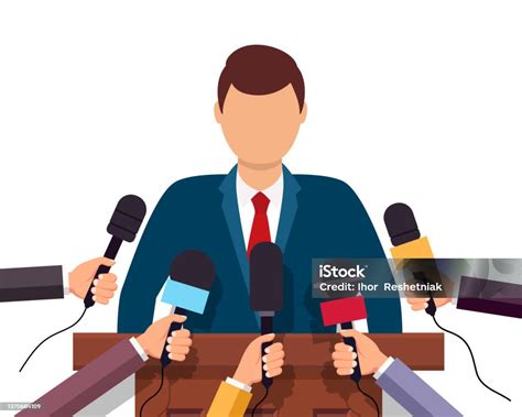 기자회견 인터뷰 기자 회견에 미디어 기자의 마이크 정치 뉴스에서 Tv 리포터 보고에 사람을위한 마이크를 들고 손 사회 정치인 비즈니스 뉴스 벡터 인터뷰 이벤트에 대한 스톡