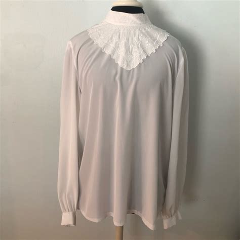 Vintage Tops Vintage White High Neck Lace Trim Long Sleeve Poets