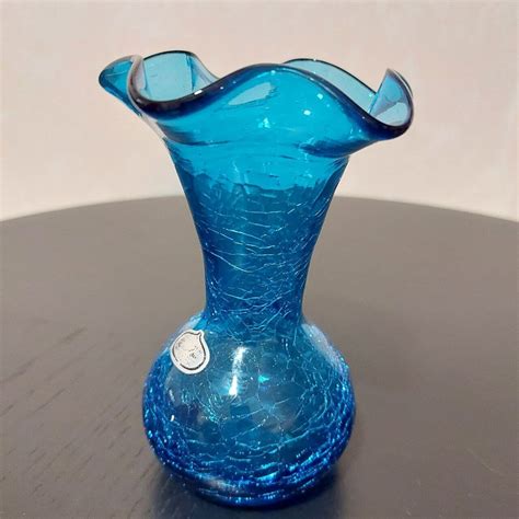 Vintage Blue Crackle Rainbow Glass Vase Mid Century Modern Etsy