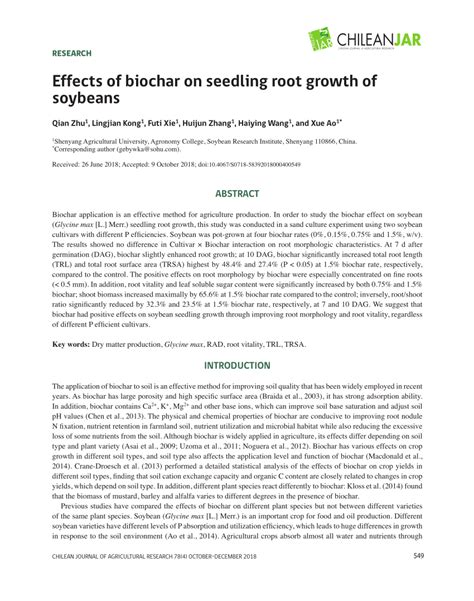Pdf Effects Of Biochar On Seedling Root Growth Of Soybeans