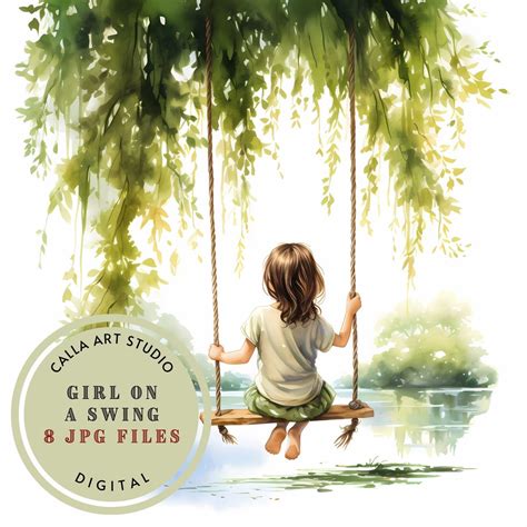 Girl On Tree Swing Watercolor Art Bundle  Nursery Art Journaling