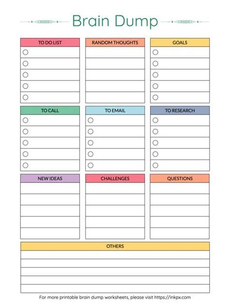 Free Printable Colorful Table Style Brain Dump Worksheet Template Brain Dump Worksheet
