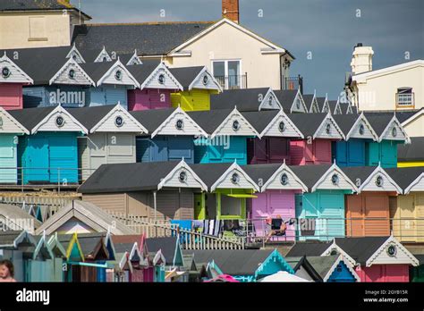 Colorful Beach Huts In The Traditional British Seaside Resort Of Walton On The Naze Essex Stock