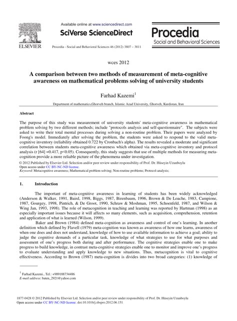 Pdf A Comparison Between Two Methods Of Measurement Of Meta Cognitive Awareness On