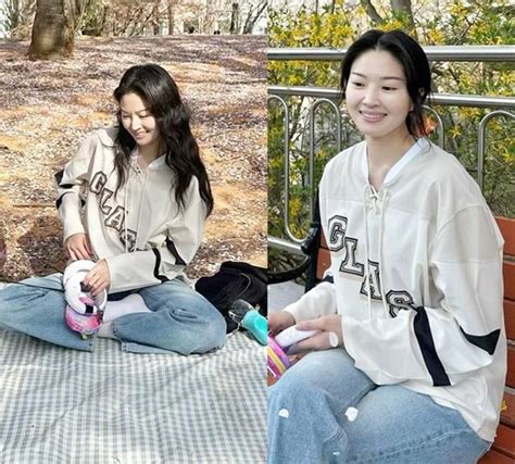 패션엔 류이서 마지막 벚꽃 소풍 편안하게 툭 오버핏 끈 로고 티셔츠 나들이룩