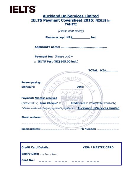 Fillable Online UniServices IELTS Payment Coversheet TAHITI Fax Email