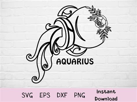 The Aquarius Logo Is Shown On A White Brick Wall With Pink Flowers And