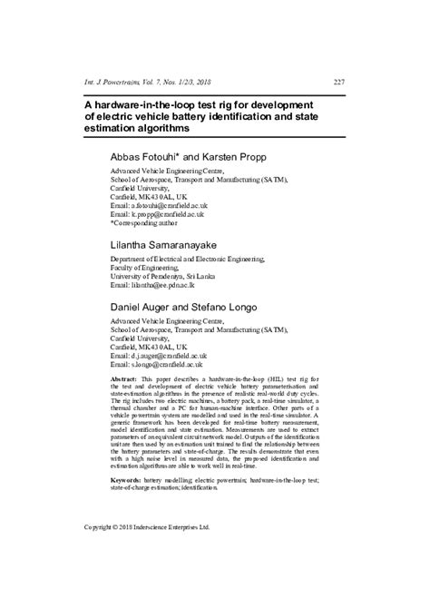 pdf a hardware in the loop test rig for development of electric vehicle battery identification