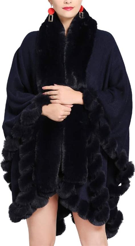 Curt Shariah Womens Poncho Cape Faux Fur Trim Cape Shawl Wrap Open