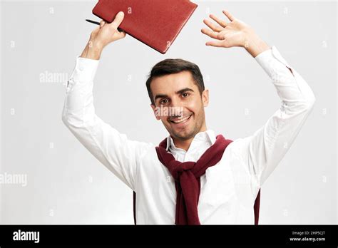 Man Portrait Notepad With Pen Smile Emotions Isolated Background Stock