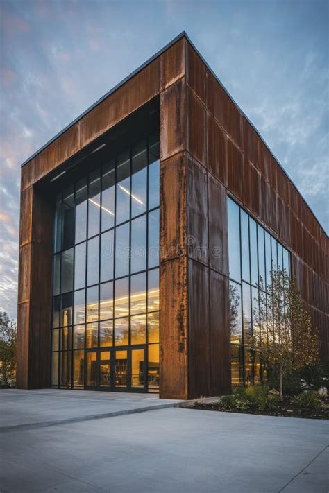 Modern Rust Colored Metal Building With Glass Facade At Dusk Stock Illustration Illustration