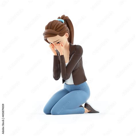 3d Sad Cartoon Woman Sitting On Her Knees Stock Illustration Adobe Stock