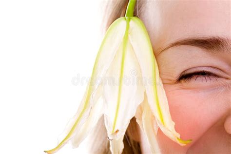 Smiling Female Face With Lily Stock Photo Image Of Lady Delicate