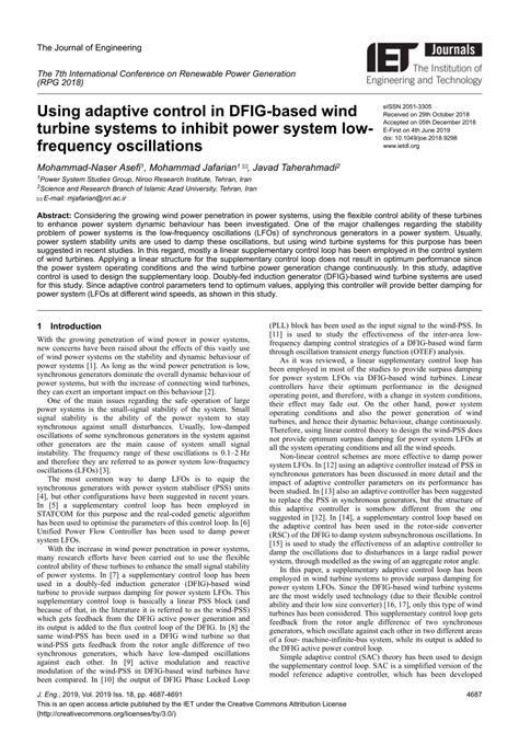 Pdf Using Adaptive Control In Dfig Based Wind Turbine Systems To Inhibit Power System Low