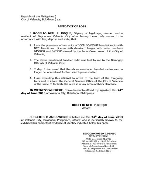 Affidavit Of Loss Handset Radio With Ntc Permit And License With