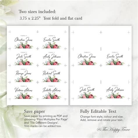 Protea Themed Place Cards Editable Digital Instant Download Etsy