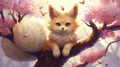 Uma Pequena Raposa Bonita Sentada Em Uma Cerejeira Animada Wallpaper