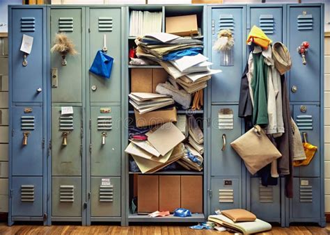 A Messy School Locker Overflowing With Papers And Old Assignments Stock