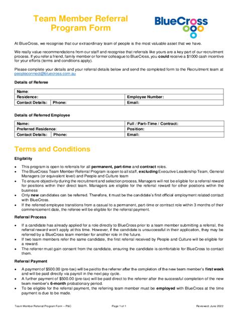 Fillable Online Team Member Referral Program Form Bluecross Fax Email