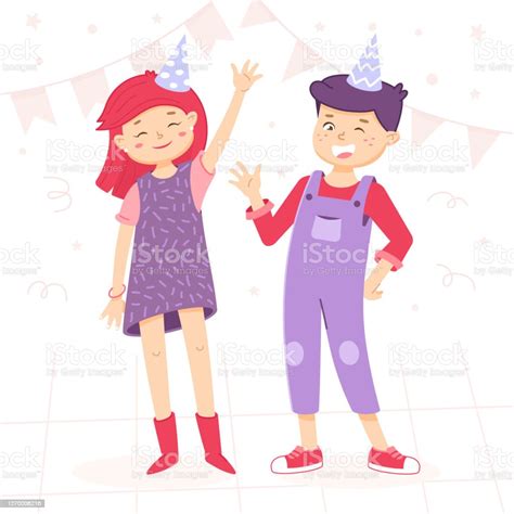 소녀와 소년과 파티 인사말 카드 아이들은 손으로 흔들고 있습니다 파티에 오신 것을 환영합니다 기호 생일 초대장 만화 스타일의