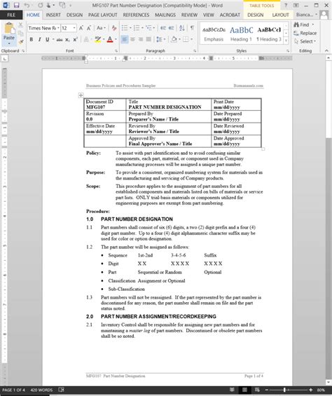 Part Number Designation Procedure Template Word