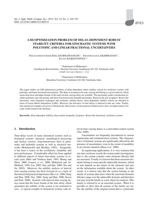 PDF LMI Optimization Problem Of Delay Dependent Robust Stability Criteria For Stochastic