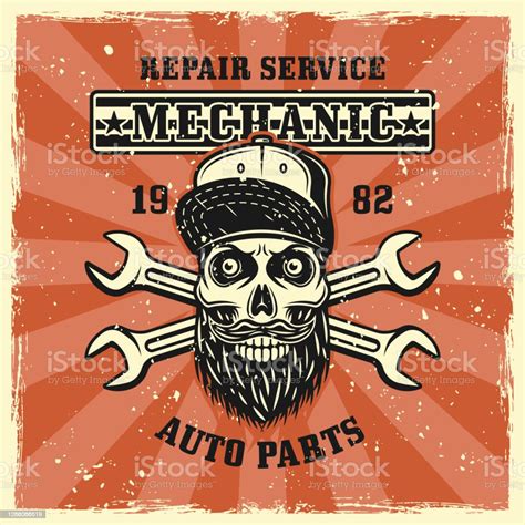 캡과 렌치 엠블럼 배지 라벨 로고 또는 빈티지 컬러 스타일의 티셔츠 프린트의 정비사 수염 두개골 별도의 레이어에 그런지 텍스처가 있는 벡터 그림 기계공에 대한 스톡 벡터