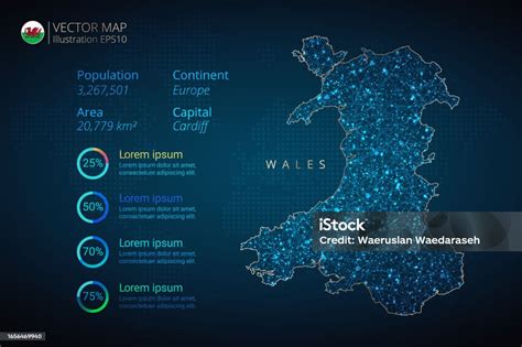 웨일즈 지도 인포그래픽 벡터 템플릿은 파란색 배경에 추상적인 기하학적 메쉬 다각형 조명 개념을 가지고 있다 다이어그램 그래프 프리젠테이션 및 차트를 위한 템플릿 지도에 대한