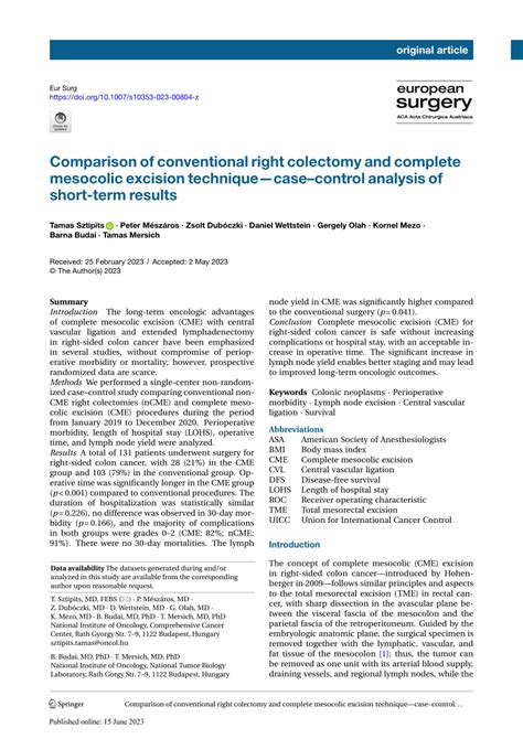 Pdf Comparison Of Conventional Right Colectomy And Complete Mesocolic