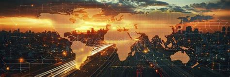 Digital World Map Overlay On Cityscape At Sunset Stock Illustration