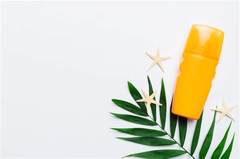 자외선 차단제 스프레이 병 태양 보호 크림과 색상 배경에 열대 녹색 잎이있는 바다 껍질이있는 병 상단 전망 0명에 대한 스톡 사진 및 기타 이미지 Istock