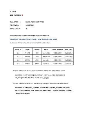 ICT502 Lab Exercise Database Engineering ICT LAB EXERCISE 2 FULL