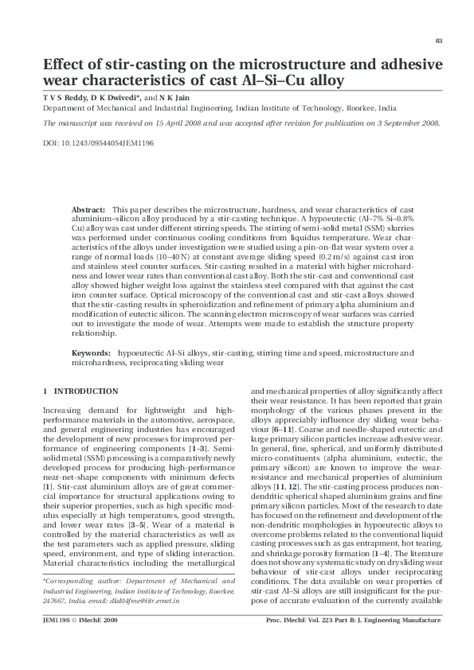 Pdf Effect Of Stir Casting On The Microstructure And Adhesive Wear Characteristics Of Cast Al