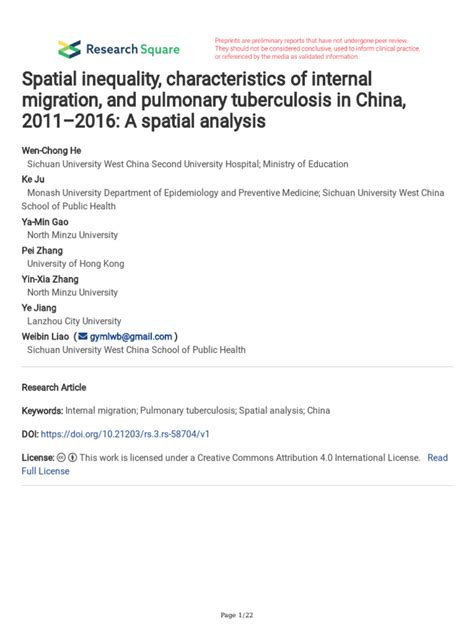 Spatial Inequality Characteristics Of Internal Migration And Pulmonary Tuberculosis In China