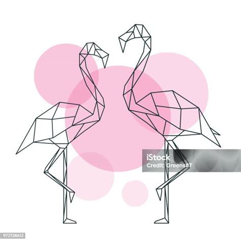 동그라미 배경에 추상의 기하학적 인 스타일에 아름 다운 플라밍고 그림 최소한의 여름 포스터입니다 벡터 일러스트입니다 기하 도형에 대한 스톡 벡터 아트 및 기타 이미지