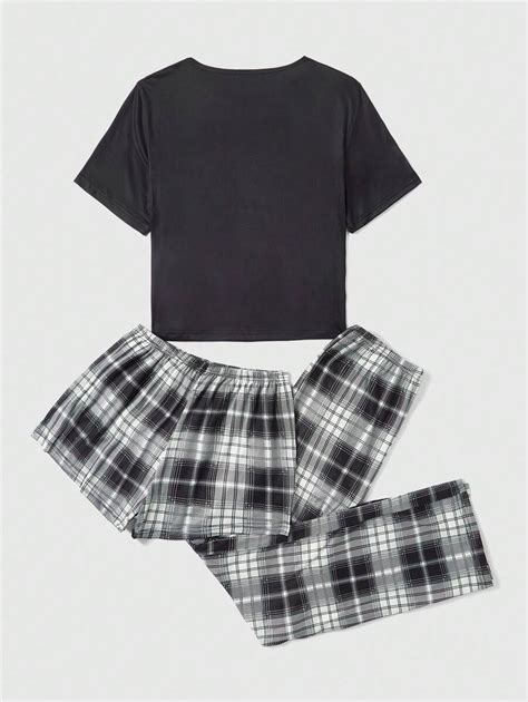 Romwe Goth 3pcs Gothic Sun Moon Star Frog And Mushroom Print Plaid Shorts Set Plus Size Home