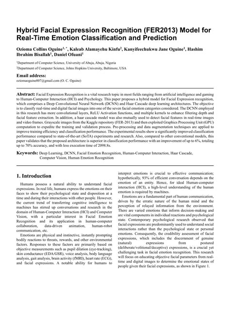 Pdf Hybrid Facial Expression Recognition Fer2013 Model For Real
